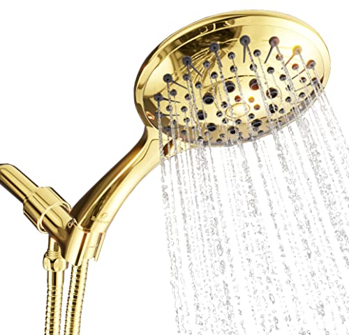 Aquarius Gold Shower Head With Handheld Sprayer, 6 Spray Settings High Pressure Polished Brass Shower Head With Hose (Extra Long) & Adjustable Brass Ball Bracket Kit, Shower Head Gold Finish