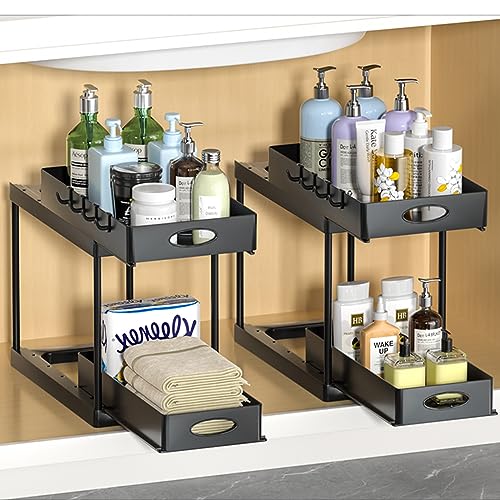 Aojia Under Sink Organizer with 2 Sliding Drawers, Bathroom Organizer Under Cabinet, Pull-out Under Sink Storage,Under Cabinet Storage for Kitchen and Bathroom