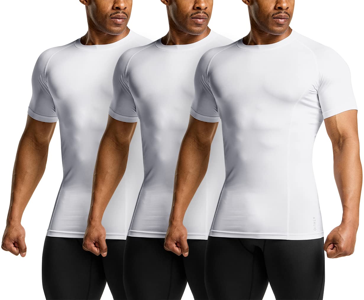 ATHLIO Men's Cool Dry Short Sleeve Compression Shirts, Sports Baselayer T-Shirts Tops, Athletic Workout Shirt, 3pack Tops White/White/White, Large