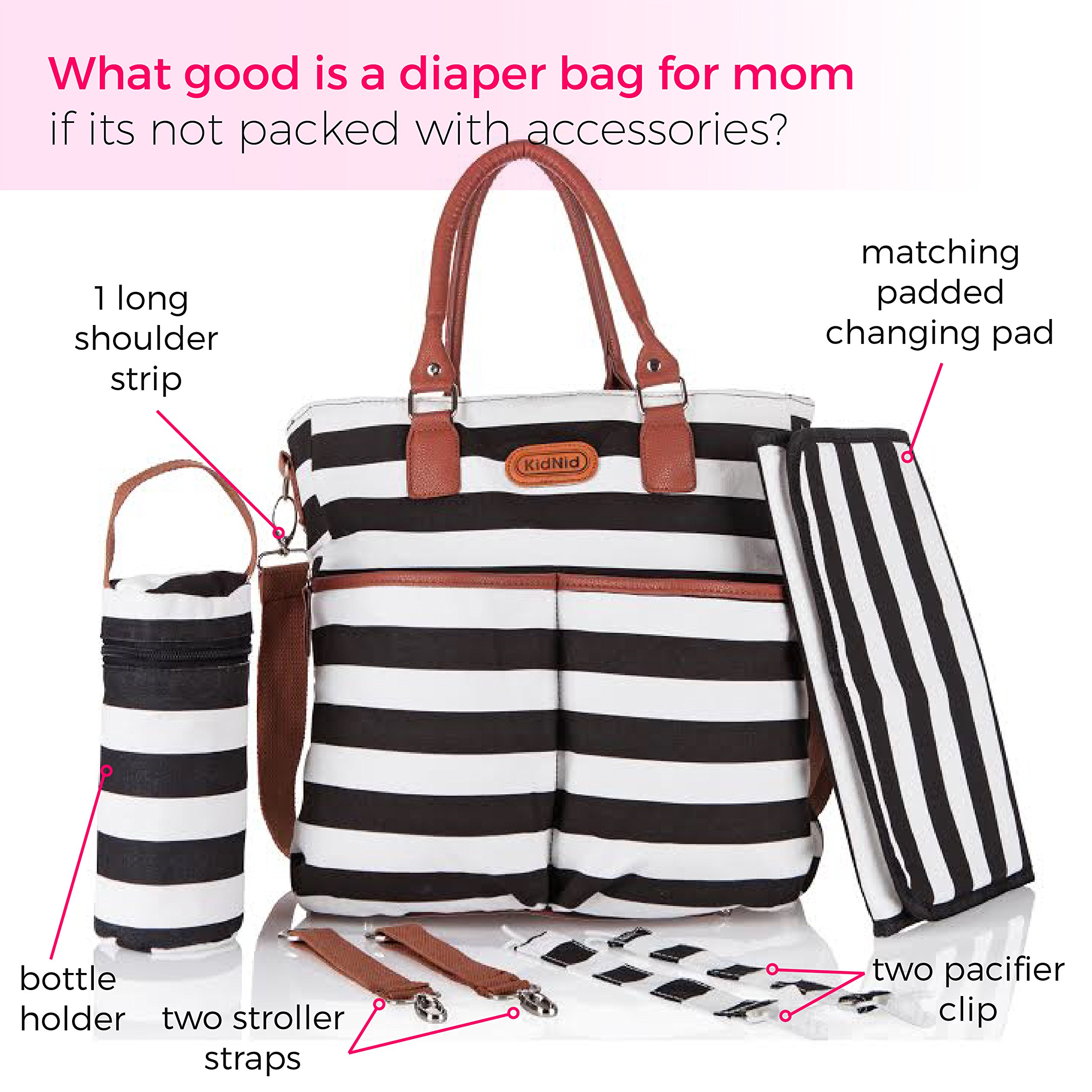 Kidnid Designer Baby Diaper Bag - Cotton Messenger Organizer Tote with Changing Pad, Black & White, 14-Inch