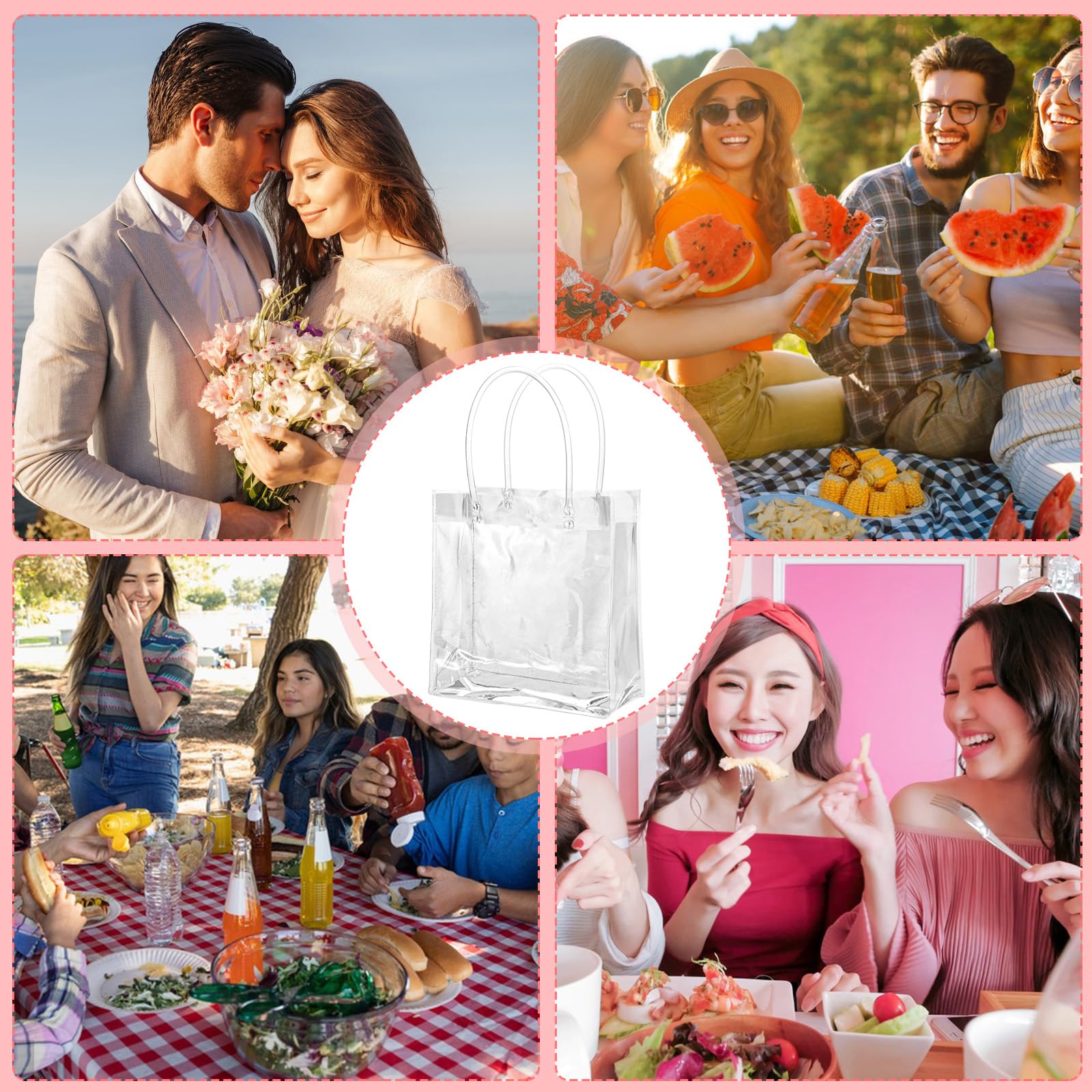 BESARME 20 Pack 6.3" x 5.9" x 2.8" Clear Gift Bags with Handle, Reusable Plastic Small Gift Bags for Party Favors Christmas Wedding Birthday