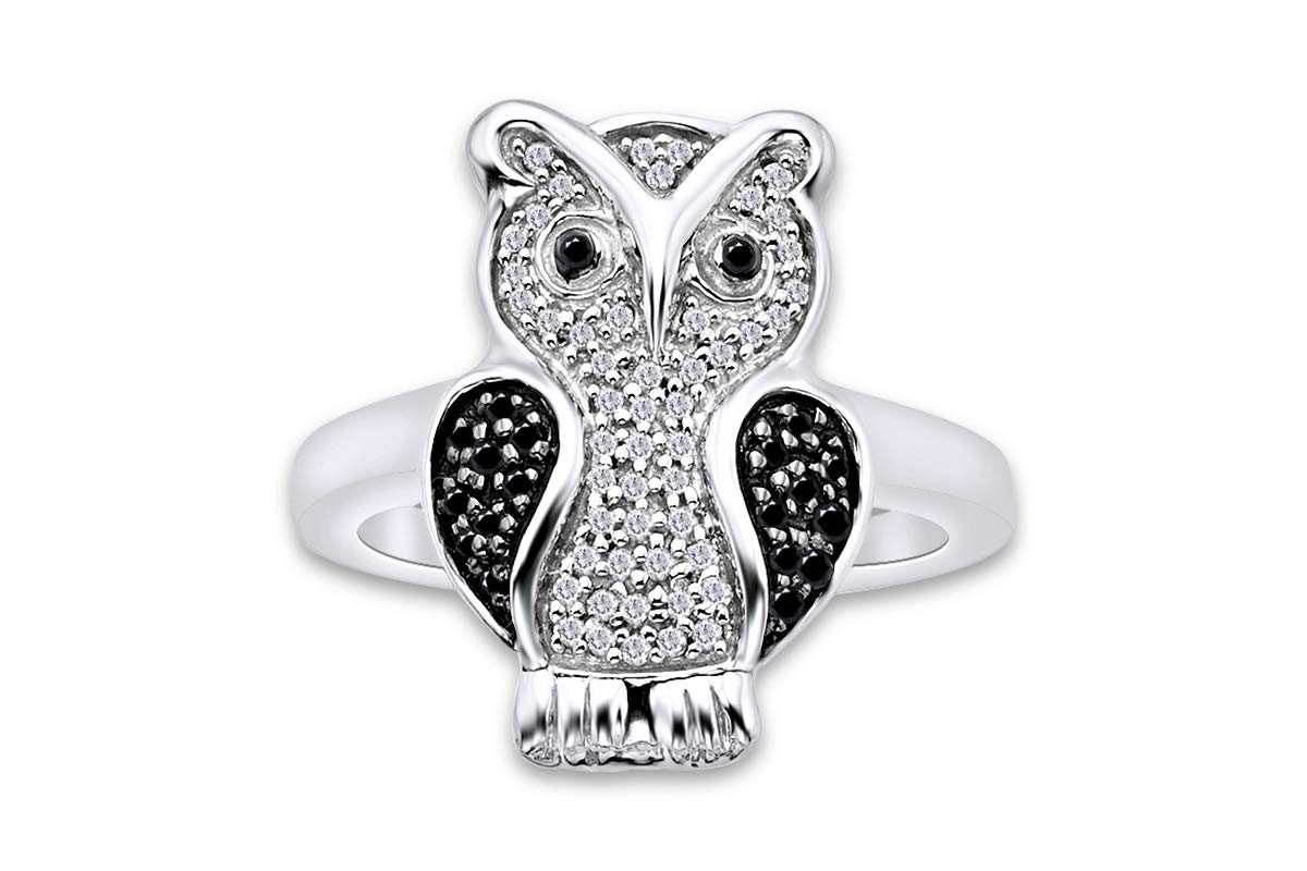 AFFY 1/4 Carat Round Cut Black And White Natural Diamond Owl Ring In 14K White Gold Over Sterling Silver (0.25 Cttw, I2-I3 Clarity) Ring Size-11