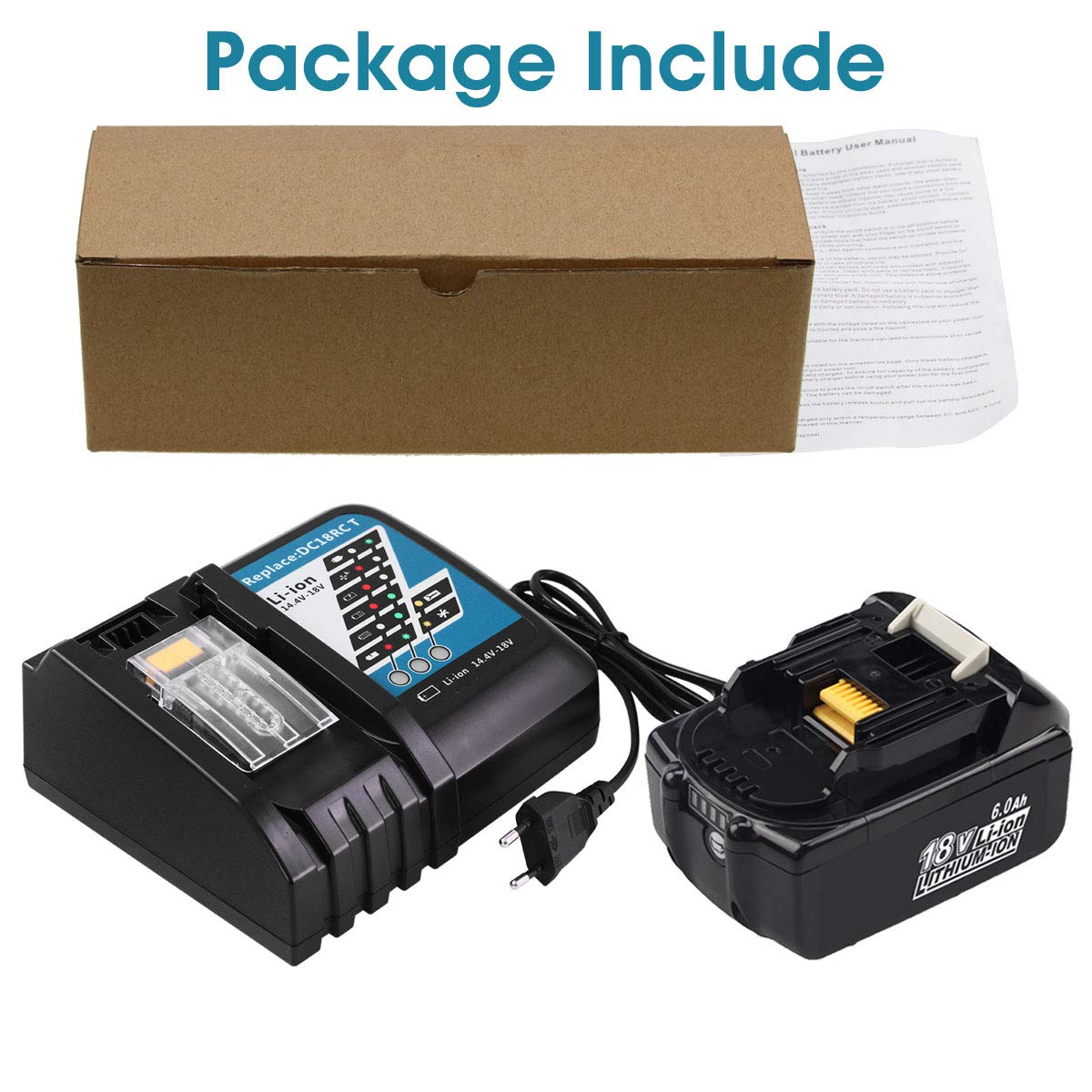 6.0Ah BL1860B 18 Volt Replacement Battery and DC18RC Charger Compatible with Makita 18V Battery Lithium ion BL1815 BL1820 BL1830 BL1840 BL1850 BL1850B BL1860 LXT-400 Cordless Power Tools (Black)