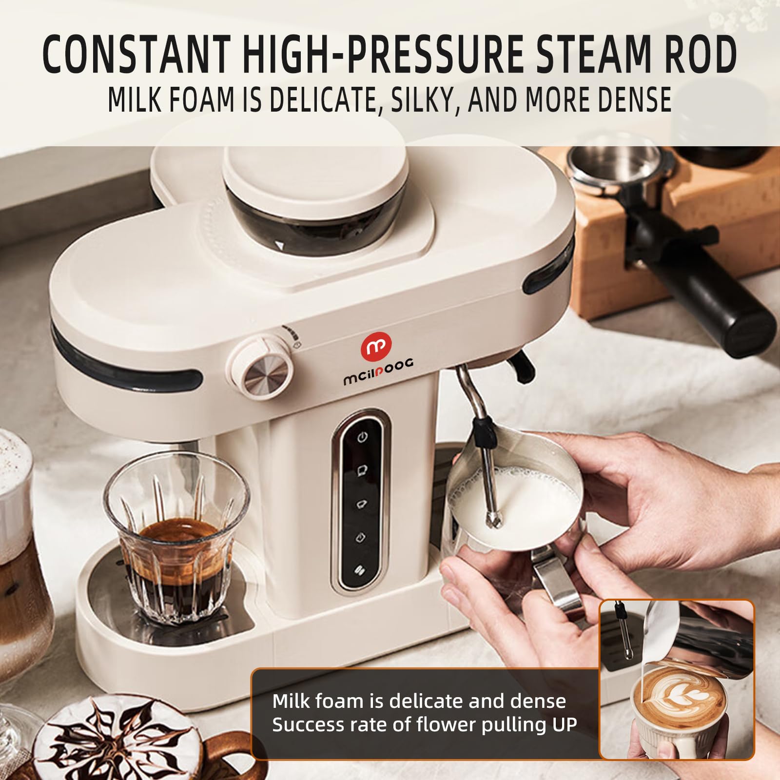Mcilpoog AC510 15Bar Semi Automatic Espresso Machine With Grinder & Steam Wand,3-in-1 Compact Espresso Coffee Maker With 28 oz Removable Water Tank for Cappuccino or Latte,Gift for Dad(creamy white)