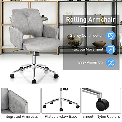 COSTWAY Ergonomic Home Office Chair, Height-Adjustable Faux Leather Computer Desk Chair w/Rolling Casters & Armrests, Upholstered Mid-Back Swivel Accent Chair for Home, Office, Study, Grey