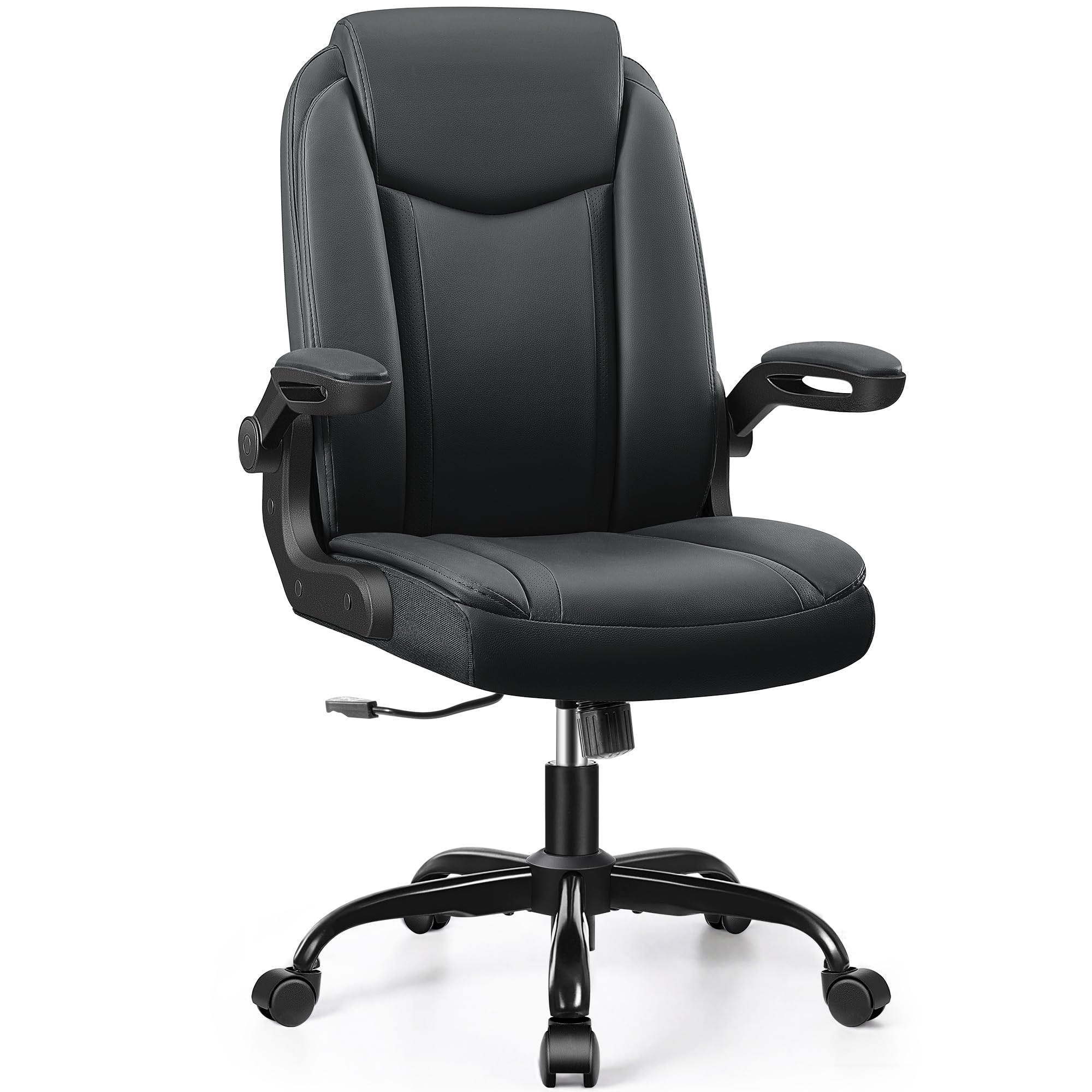 AtHope Office Chair Ergonomic Computer Desk Chair, Executive Leather Office Chair with Adjustable Flip-up Armrests Height, Swivel Task Chair with Lumbar Support Rocking Function for Home Office(Black)