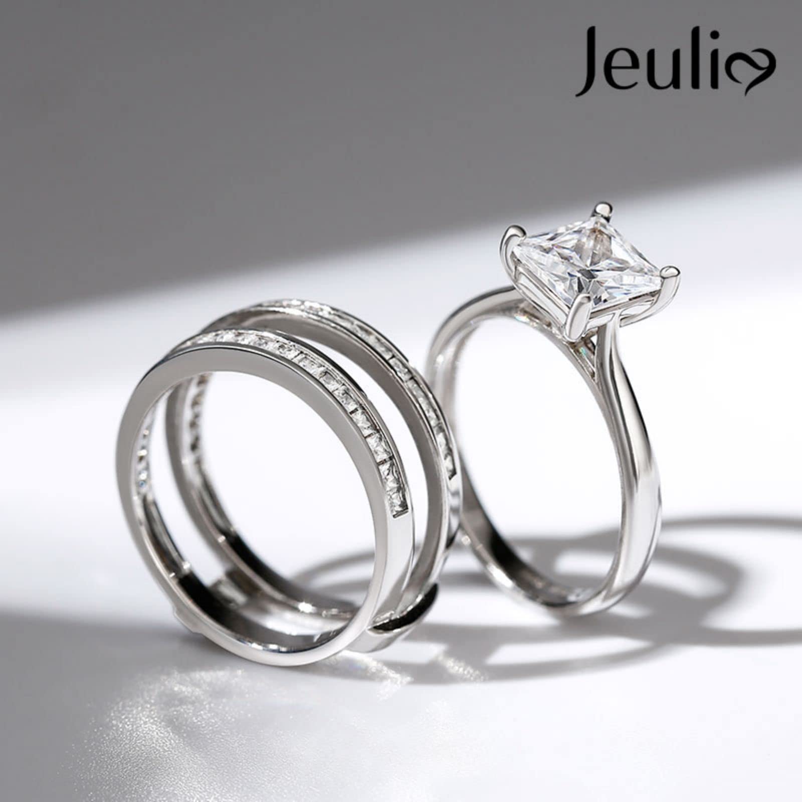 Jeulia 4.37 Carat Engraved Pricess Cut Cubic Zirconia Engagement Ring Diamond Wedding Bands for Women CZ Solitaire Sterling Silver Anniversary Bridal Promise Rings Set (8.5)