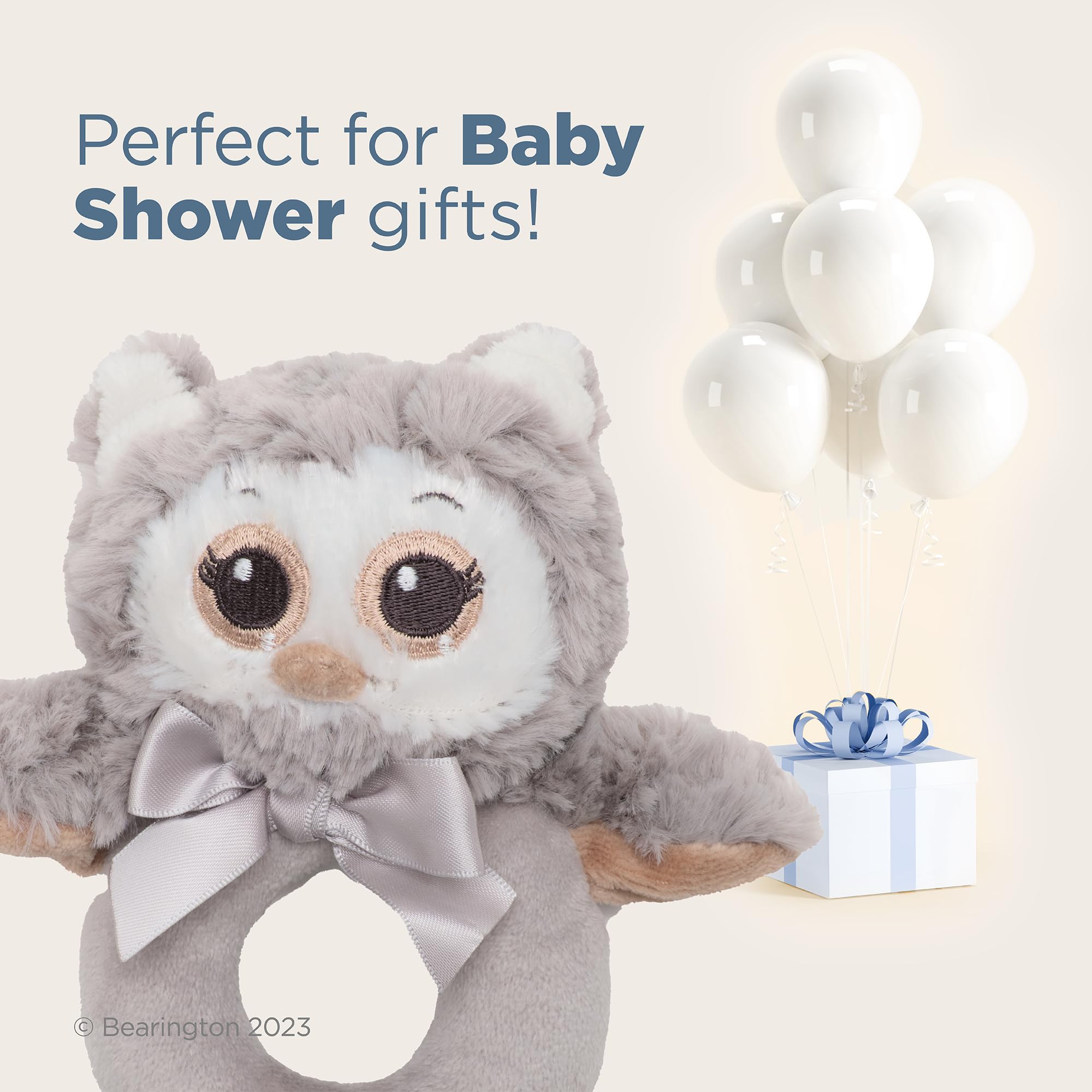 Bearington Baby Lil' Owlie Plush Stuffed Animal Gray Owl Soft Ring Rattle, 5.5"
