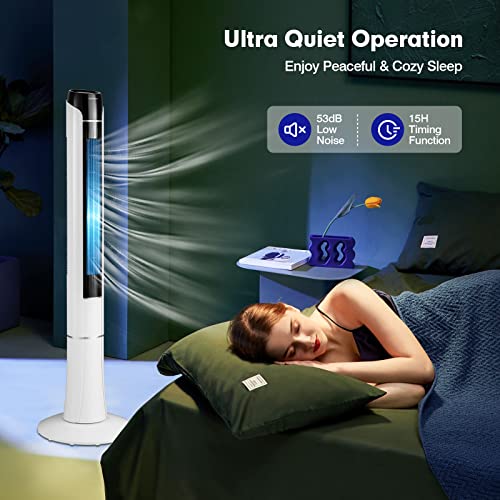 COSTWAY Tower Fan with Remote Control, Portable 47.5-Inch Standing Floor Fan with 80˚ Oscillating, 15H Timer, 3 Modes and 3 Speeds, Quiet Bladeless Fan for Bedroom Living Room Office, White