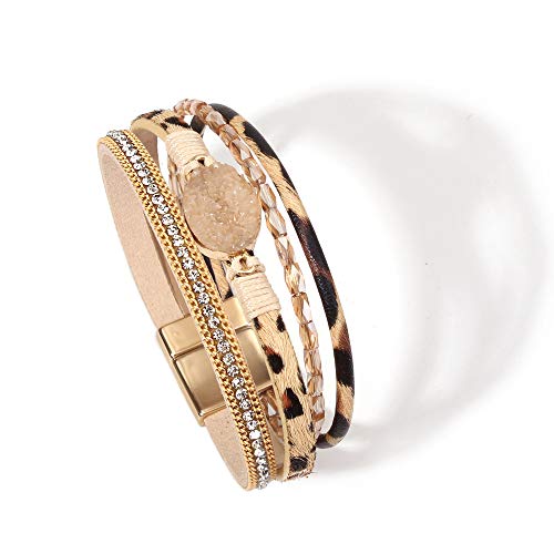 FANCY SHINY Leather Wrap Bracelet Boho Cuff Bracelets Crystal Bead Bracelet with Clasp Jewelry Gift for Women Teen Girls(7.7", Tan Leopard)