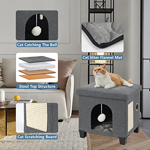 BRIAN & DANY Foldable Cat Bed for Indoor Cats, Large Cat Cube for Pet Cat House with Cat Scratch Board & Cat Ball, 14.7β x 12.7β x 14.1β, Grey