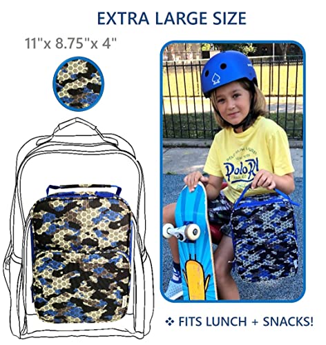 Bundle of Camo Lunch-Box for Boys 4 Compartments (Blue Camouflage) + Camo Lunch Box for Boys Kids Men with Ice Pack (Blue Black Camouflage)