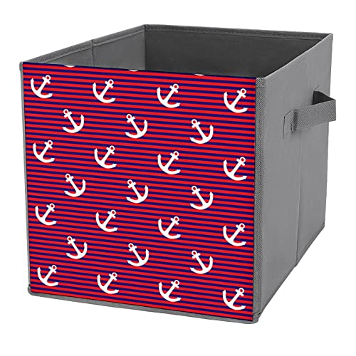 Anchor with Blue Red Stripes Collapsible Storage Bins Basics Folding Fabric Storage Cubes Organizer Boxes with Handles