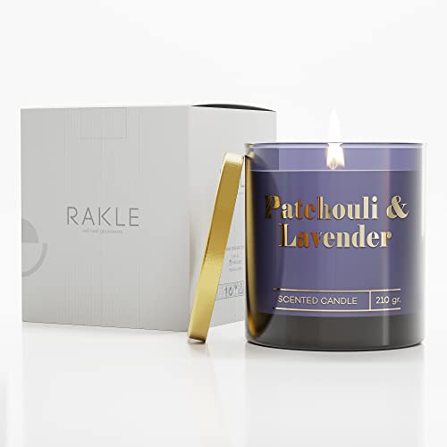 RAKLE Candles for Home Scented – Patchouli Lavender Scented Candle 7.4 oz – Premium Soy Wax Blend Candle Jar with Lid for Home, Meditation, Aromatherapy – Delightful Long Lasting Scents