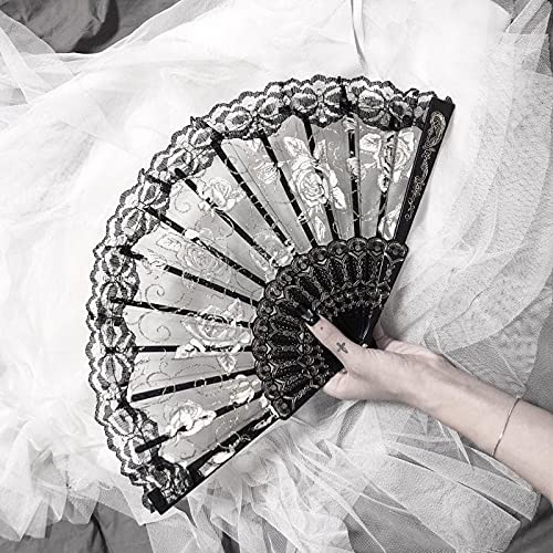 Aebor 10 Pieces Fabric Folding Fans, Folding Hand Fans, Elegant Vintage Retro Flower Rose Lace Handheld Chinese Folding Fan for Women Hand Craft (White)