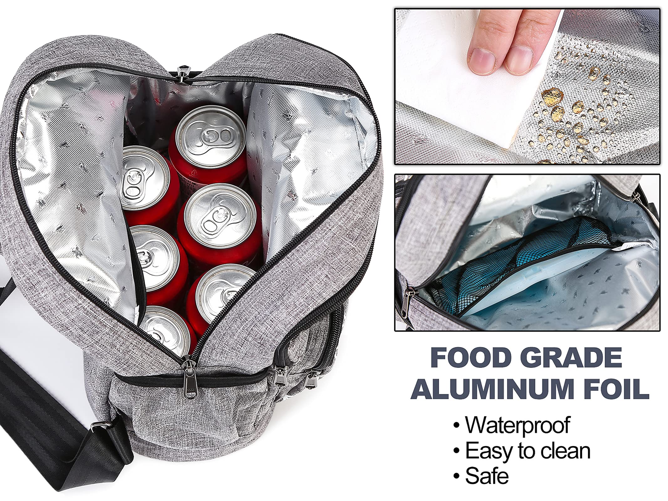AmHoo Insulated Lunch Box Bag Reusable Cooler Backpack Double Zippers Waterproof Multiple Pockets Quilted For Women Hiking Beach Picnic Trip,Black
