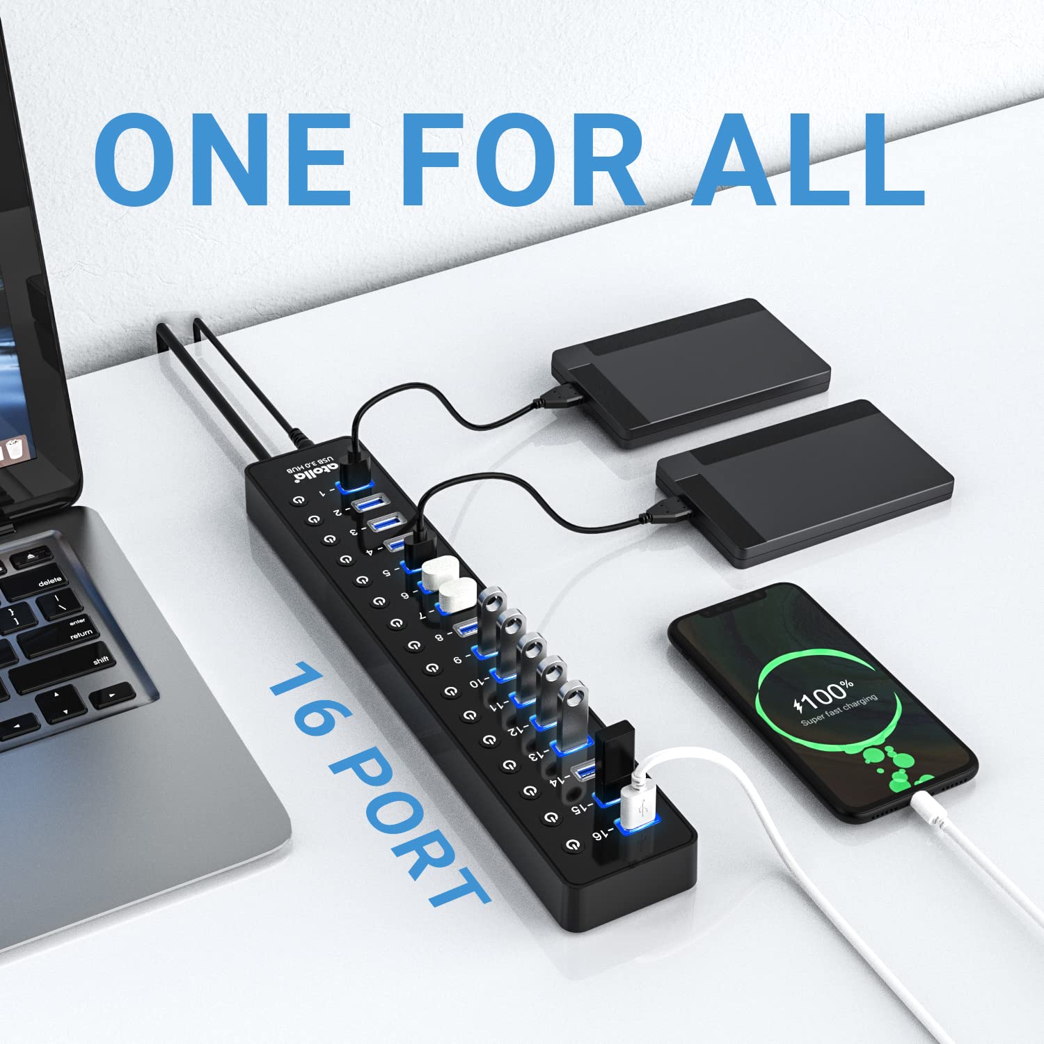 atolla USB Hub 3.0 Powered, 16 Ports USB Data Hub Splitter with Individual ON/Off Switches and 12V/6A Power Adapter, 5Gbps High Speed, USB Extension for Laptop, PC, Mobile HDD, Flash Drive