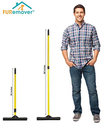 FURemover Pet Hair Remover Carpet Rake - Rubber Broom for Pet Hair Removal Tool with Squeegee & Telescoping Handle Extends from 3-5' Black & Yellow