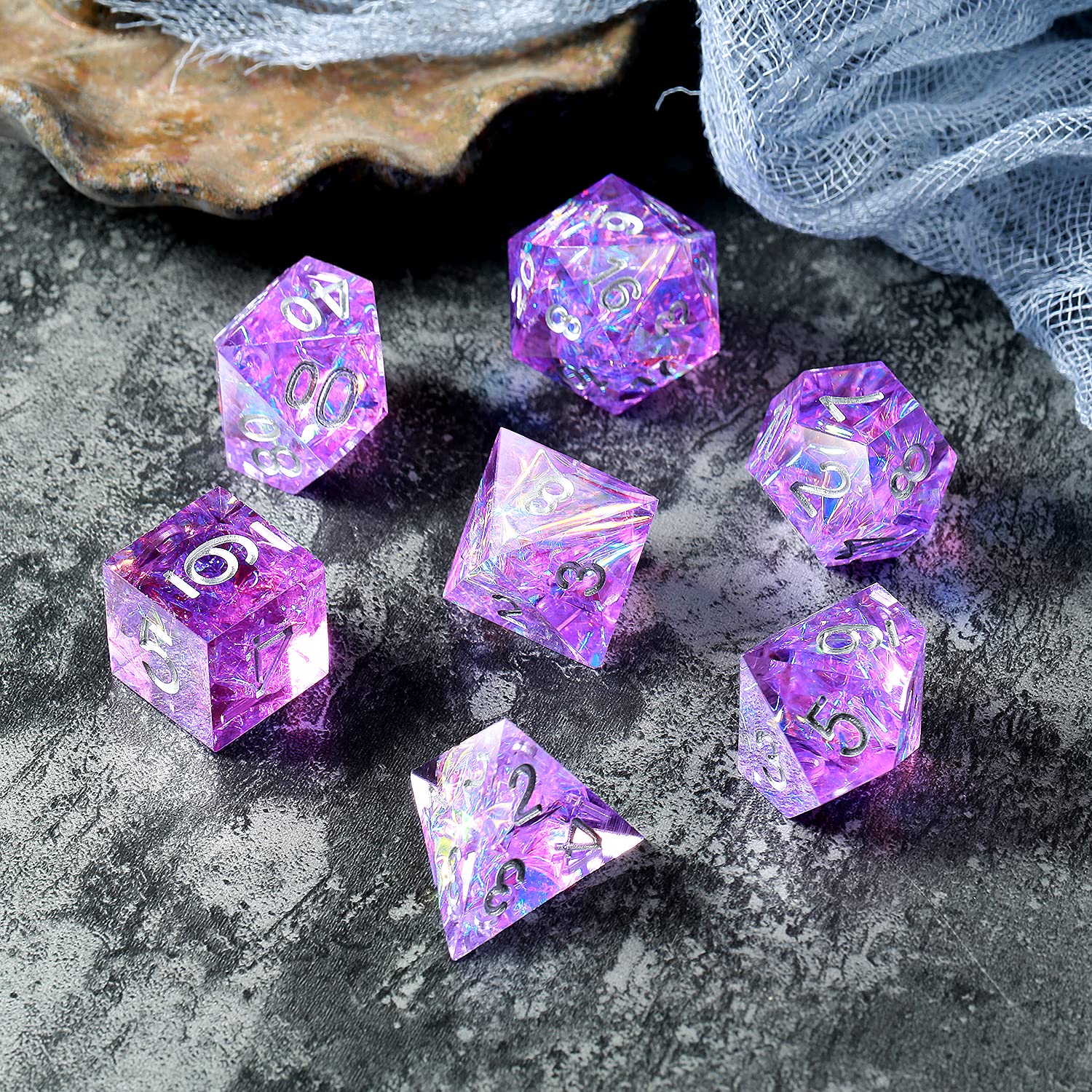 DNDND Sharp Edge Dice Set,Handmade 7 Piece DND Dice with Gift Case for DND Dungeons and Dragon Game (Purple with Silver Number)