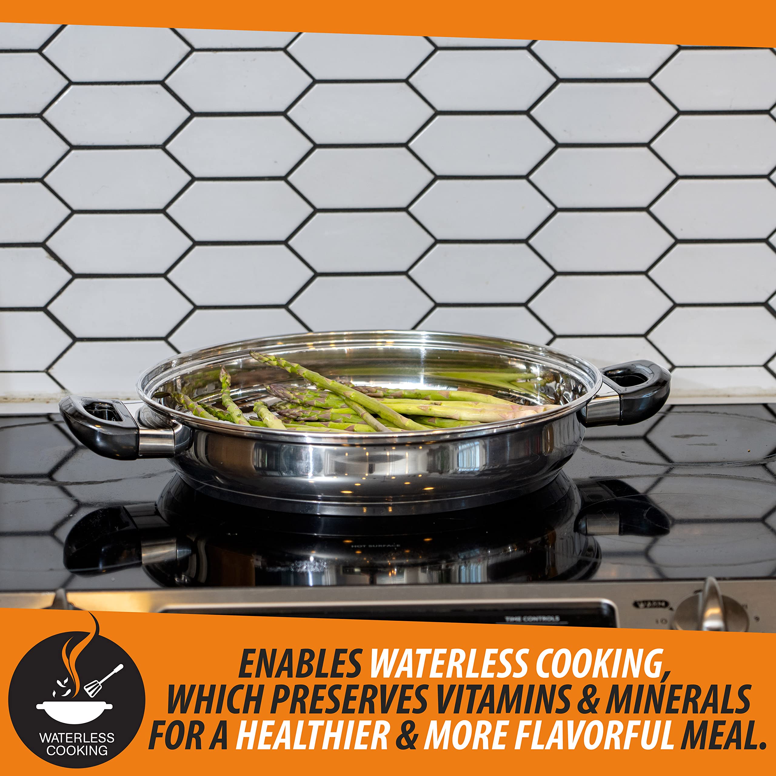 Maxam Stainless Steel 13 Inch Grill Pan, Durable Stainless Steel Construction with Heat Resistant Handle, Cover and Sear Ridges