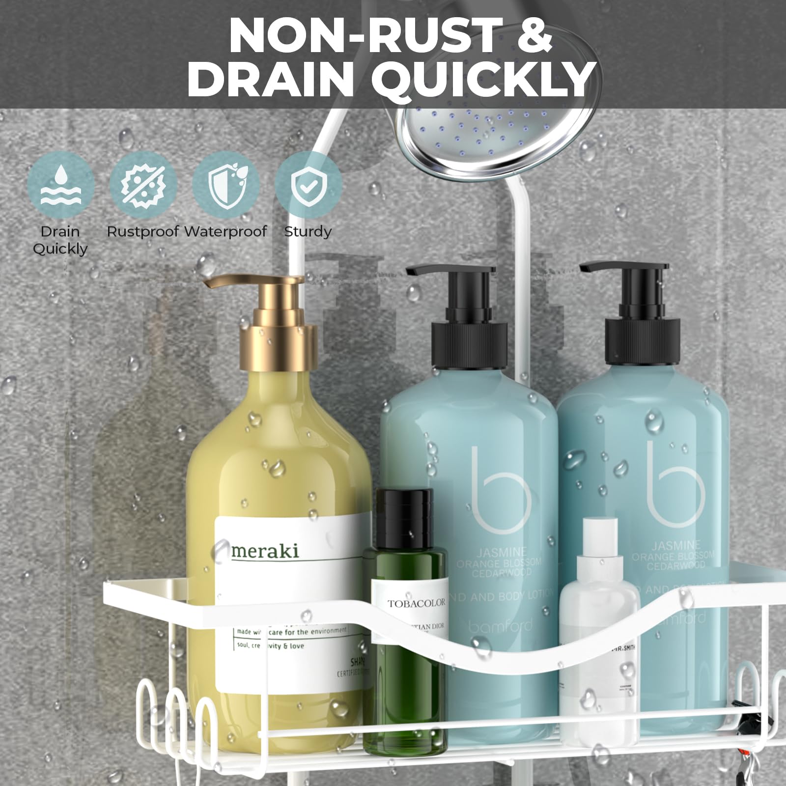 Shower Caddy Hanging Adjustable Shower Caddy, Rustproof Extended Length Shower Caddy Over Shower Head with Hooks Soap Holder, Large Capacity Shower Organizer Anti-Swing Bathroom Organizer, White