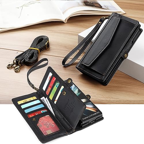 DKDKSIP for Samsung Galaxy Z Fold 3 Wallet Case for Women, RFID Blocking Card Holder, PU Leather Flip Phone Case with Crossbody Strap Wristlet Kickstand for Galaxy Z Fold 3, Black