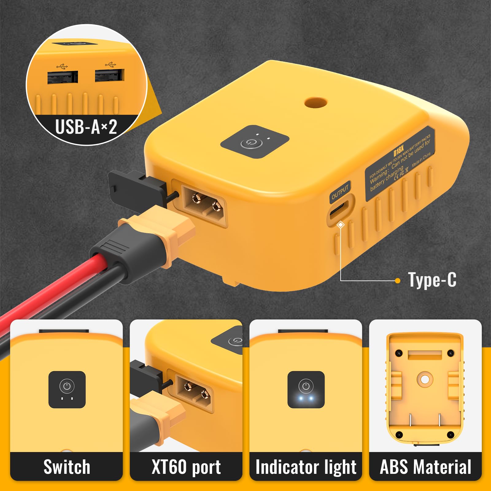 Kzreect Power Wheels Battery Adapter with USB Ports & XT60 Port, Fit for DeWalt 20V Battery, Fast Charging USB Charger Power Adapter for Mobile Devices, DIY Projects, Work Light (Tool Only)
