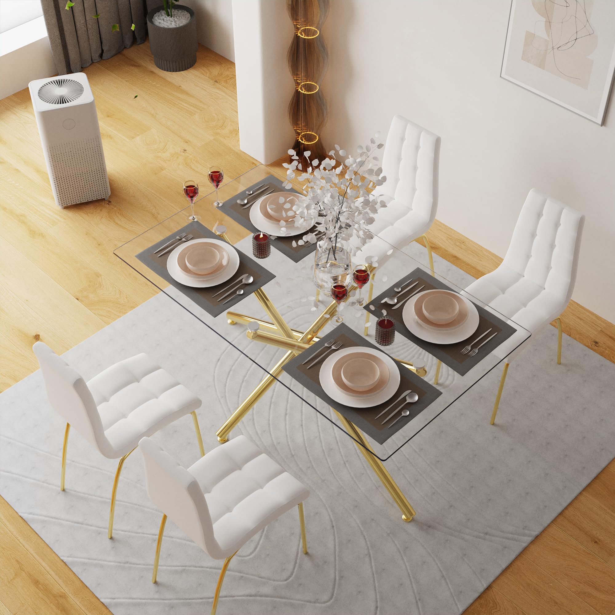 63 inch Glass Dining Table for 6, Modern Kitchen Table with Rectangular Tempered Glass Top and 4 Chrome Legs, Large Dining Table for Office Kitchen Living Meeting Room, Golden