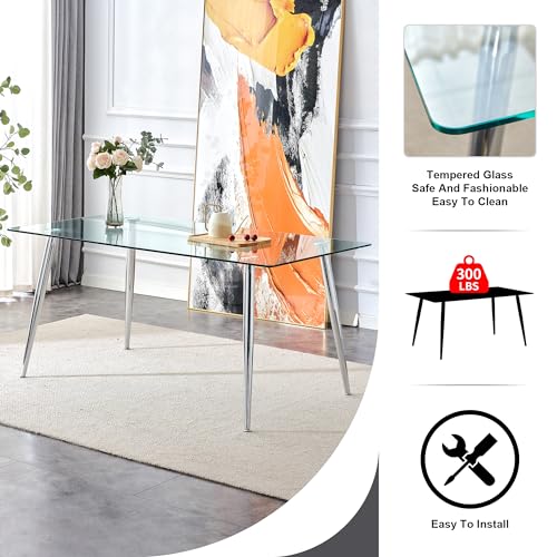 63 Inch Rectangle Dining Table,Modern Kitchen Table with Tempered Glass Tabletop and Metal Legs,Dining Room Table Dinner Table for Dining Room, Kitchen