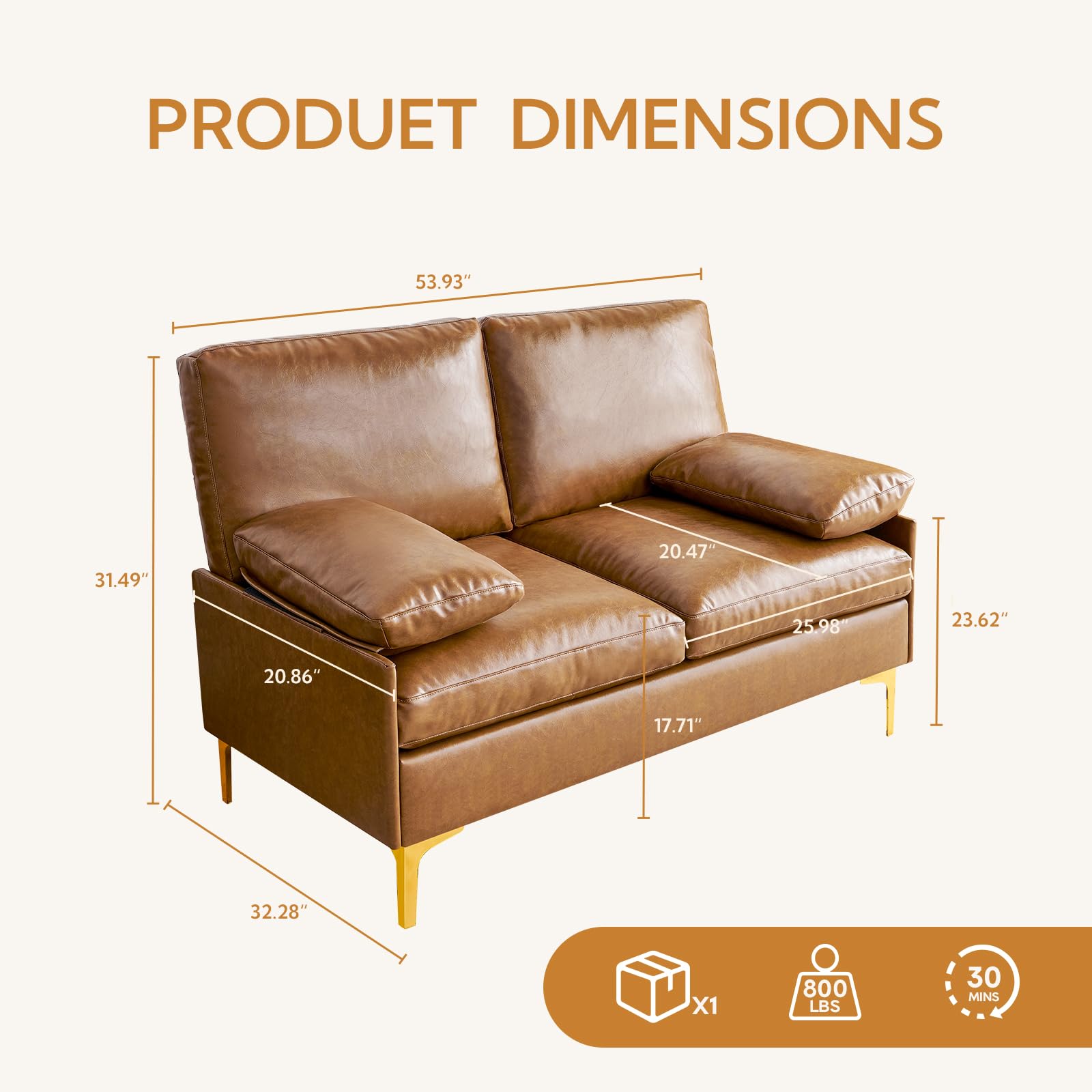Atopston 53" Loveseat, Mid Century Mid-Century Modern Decor 2 Seater Sofa, Small Sofa for Bedroom Apartment Office, Caramel