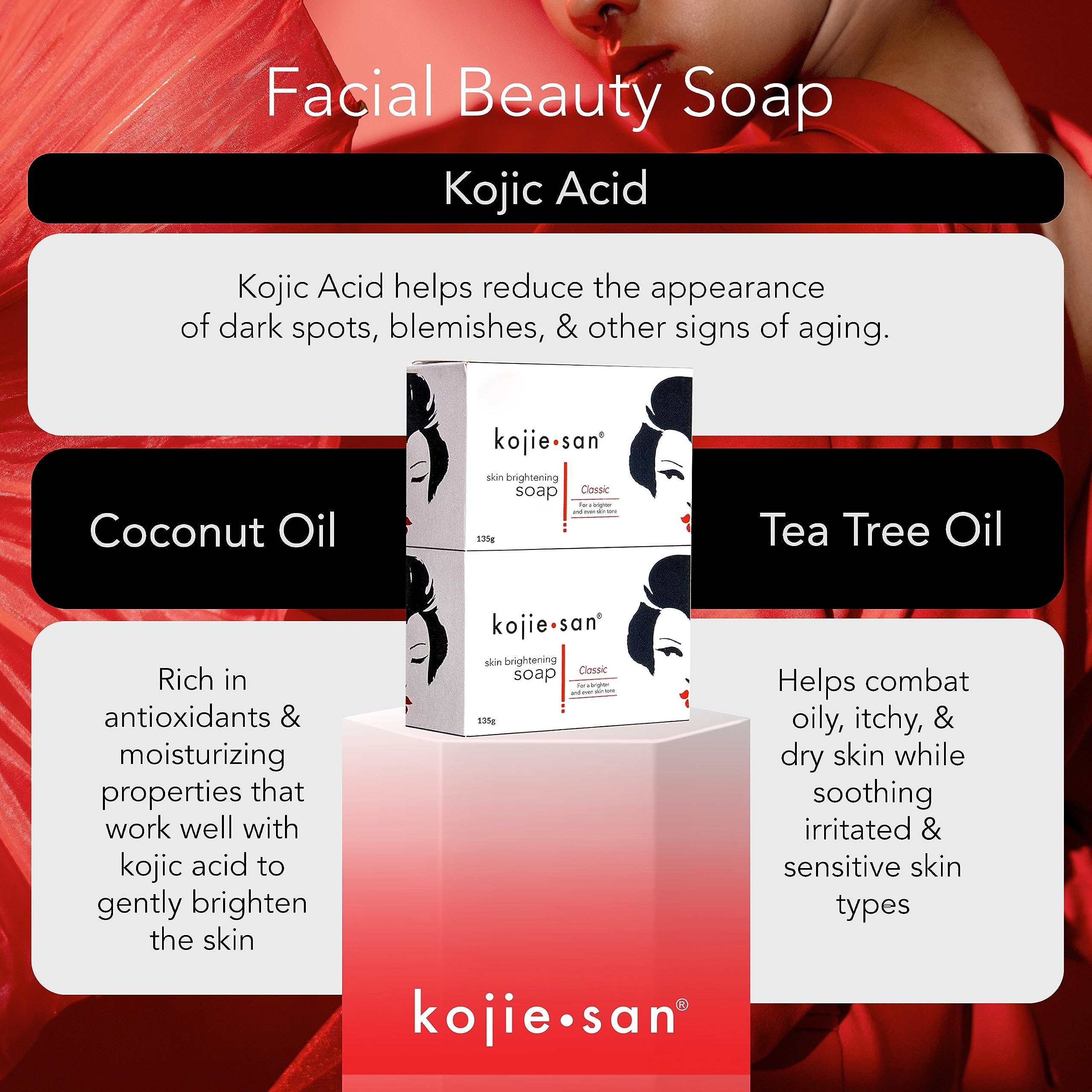 Kojie San Skin Brightening Soap - Original Kojic Acid Soap that Reduces Dark Spots, Hyperpigmentation, & Scars with Exfoliating Soap Net Included β 135g x 6 Bars