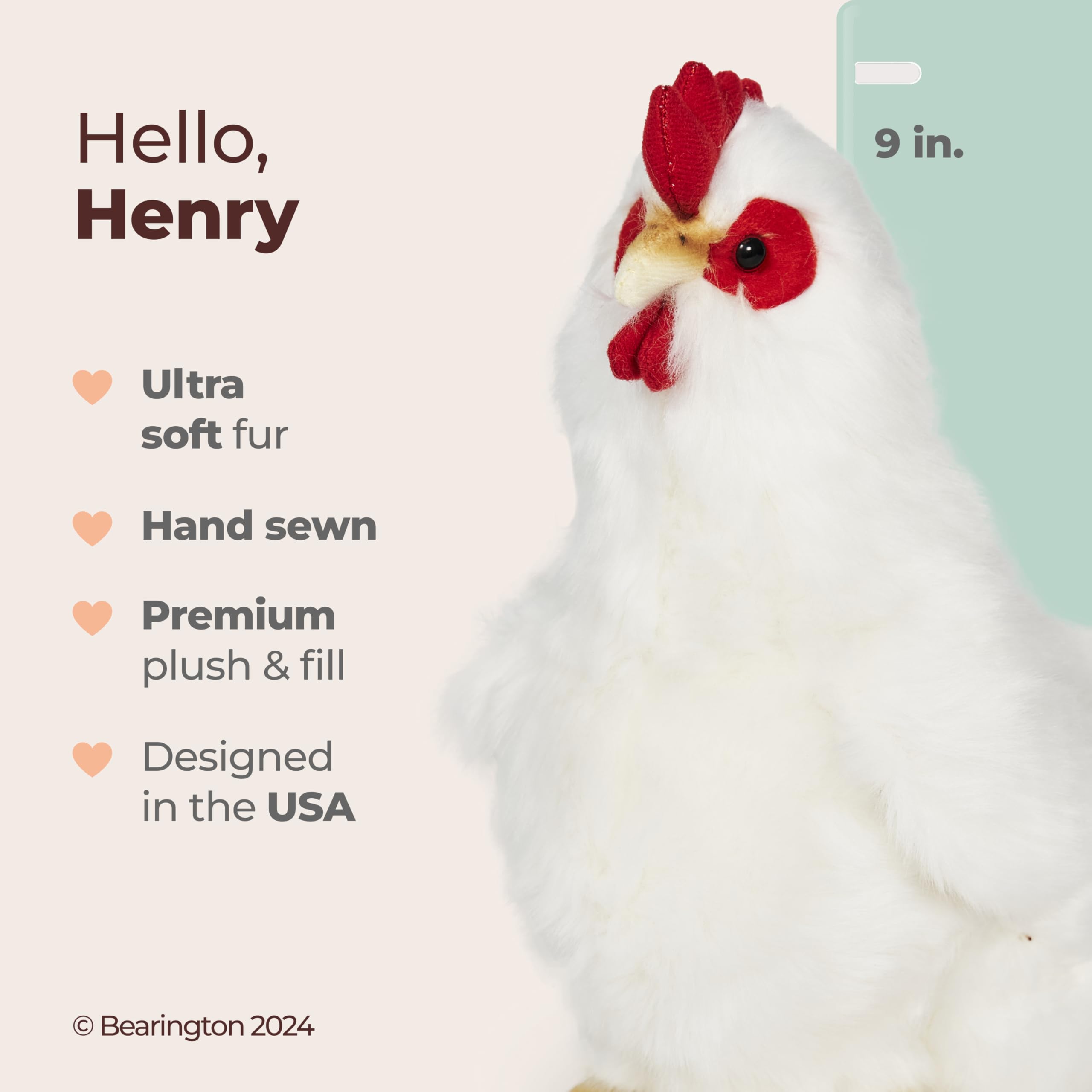 Bearington Henny Plush White Hen Stuffed Animal, 9 Inches