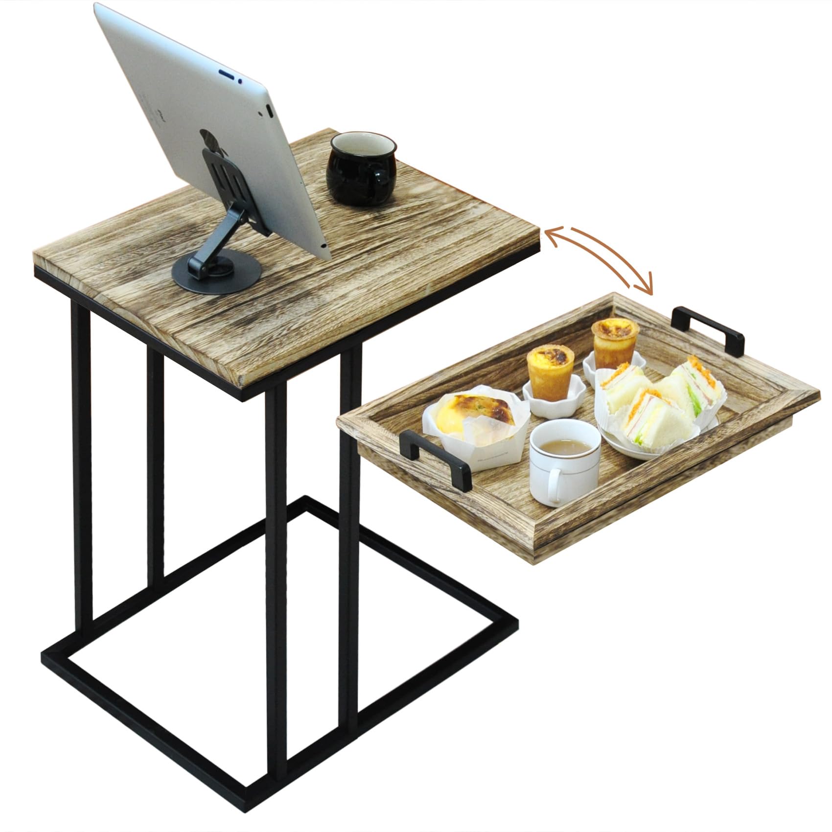 Cloud Space C-Shaped Side Table, Multifunctional End Table with Metal Frame, Detachable Solid Wood Flat Tabletop, Replaceable with Solid Wood Tray Top(Rustic Brown
