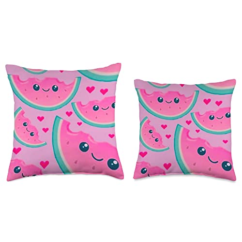 Cute Kawaii Watermelon Faces Aesthetic Fruit Pink Cartoons Throw Pillow, 18x18, Multicolor
