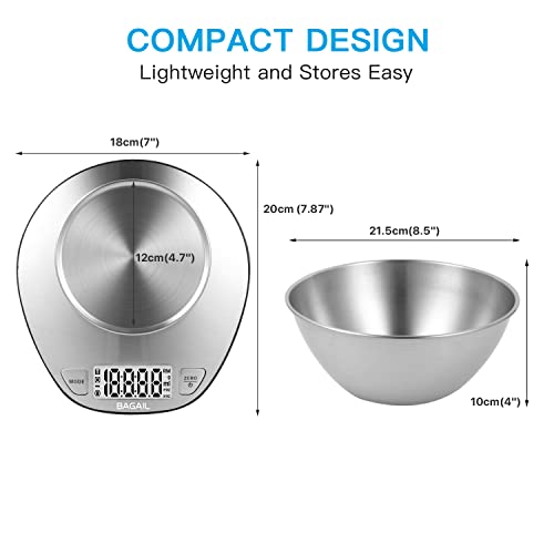 BAGAIL BASICS Electronic Kitchen Scale Premium Large Display Backing Scale Wet and Dry Food Weighing Scale with Stainless Steel Mixing Bowl - 5kg