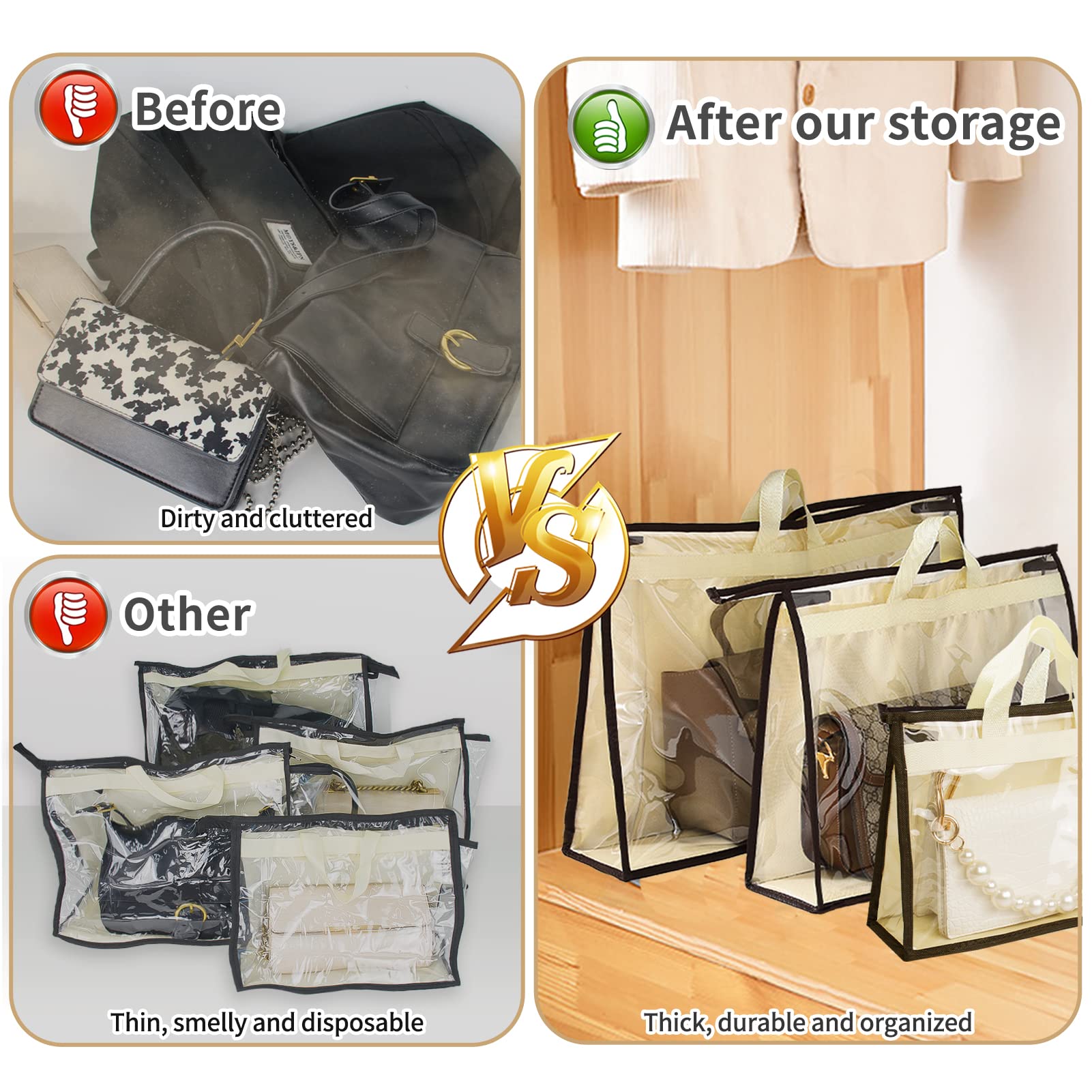8 Pack Dust Bags for Purses and Handbags, DSVENROLY Clear Handbag Storage, Purse Organizer Insert for Handbag with Zipper and Handle (Beige, 4 Sizes)