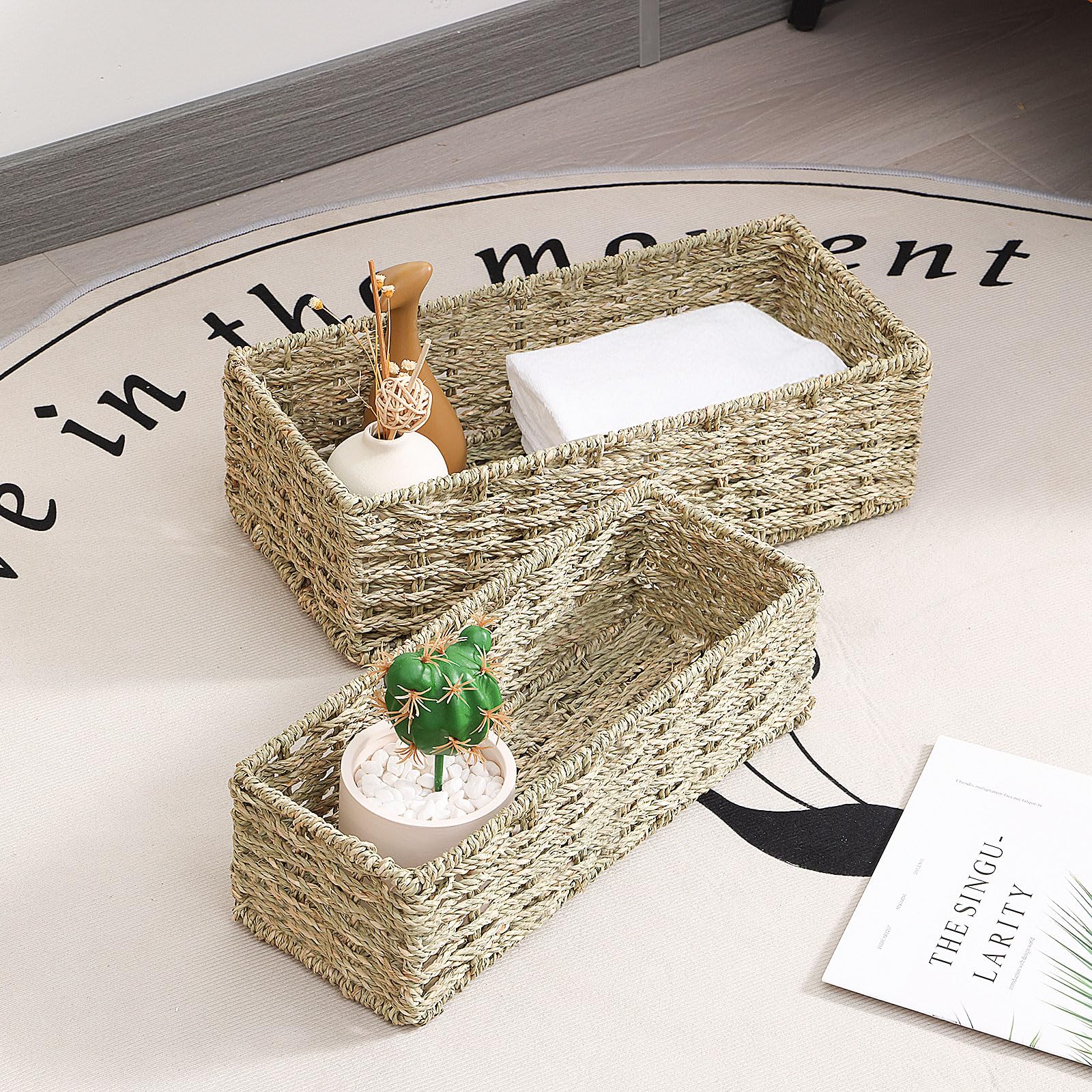 YheenLf Wicker Storage Baskets, Decorative Open Storage Bins for Shelves, Woven Baskets Storage Containers, Storage Box, Seagrass, Set of 2, 14.6 x 6.5 x 4.3 in