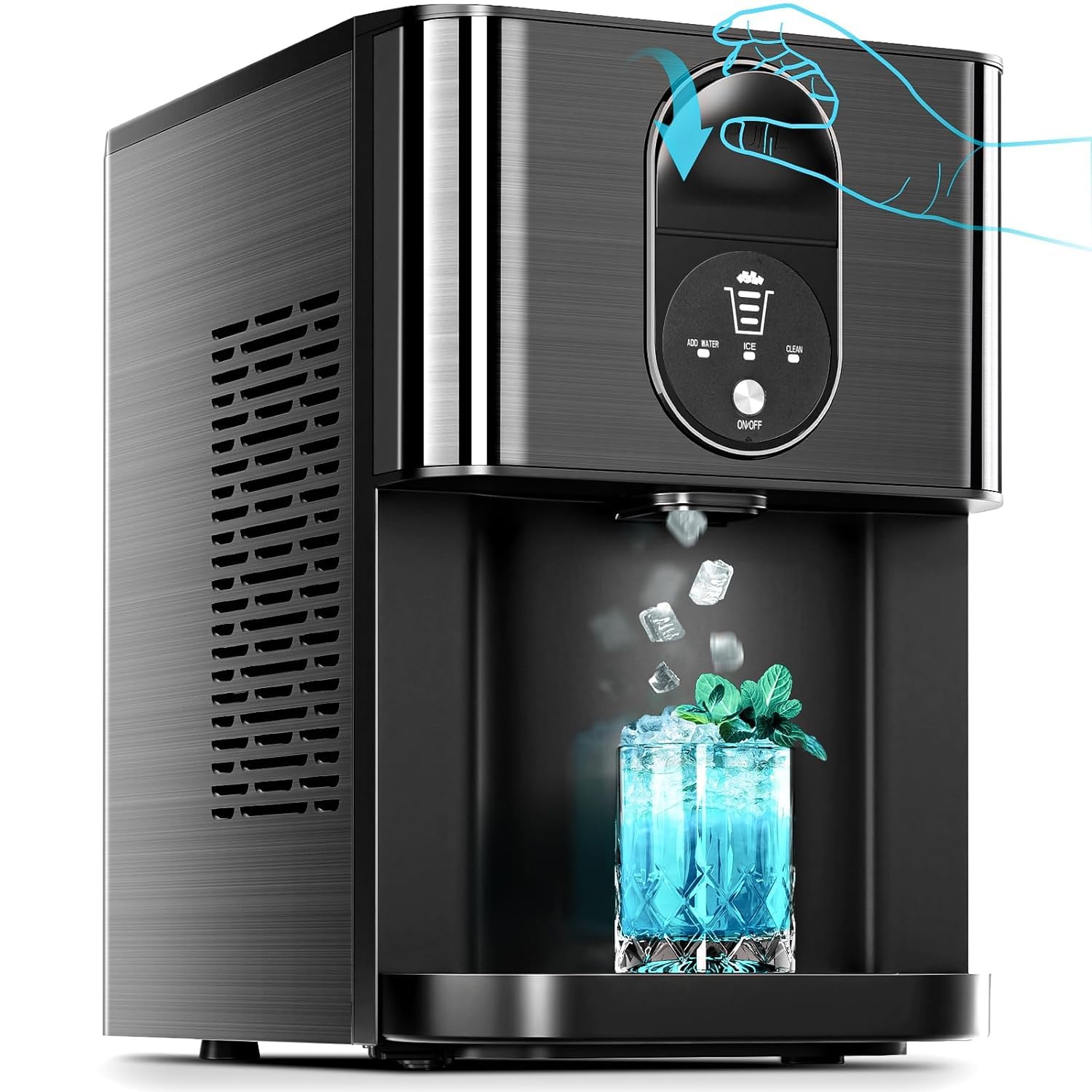 Nugget Ice Makers Countertop, Pebble Ice Maker Machine with Self-Cleaning, 50lbs/24H, Stainless Steel Housing, Pellet Ice Maker with 2.5qt Water Reservoir, Crushed Ice Maker for Home & Kitchen(Black)