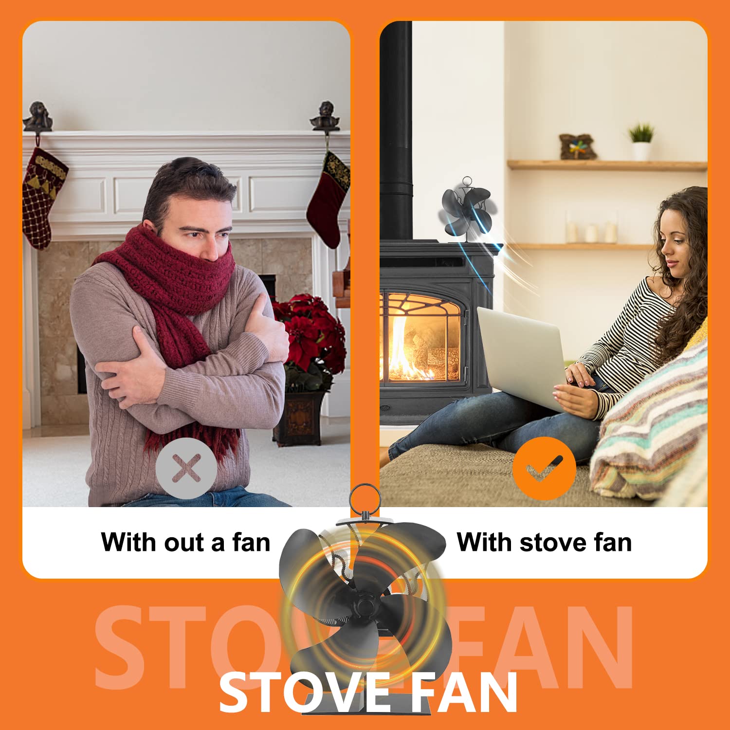 DOMAS 4-Blade Heat Powered Stove Fan for Wood / Log Burner/Fireplace increases 80% more warm air than 2 blade fan
