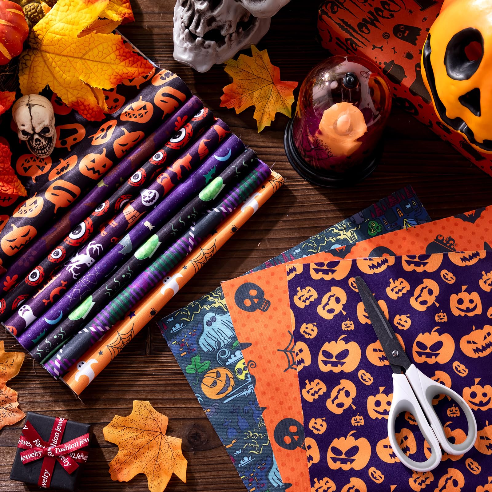 60 Pcs 10 x 10 Inch Halloween Fabric Polyester Fabric Bundle Fat Quarters Bat Pumpkin Ghost Skull Print Fabric Squares Holiday Quilting Fabric for DIY Decorations Sewing Craft, 30 Styles (Pumpkin)