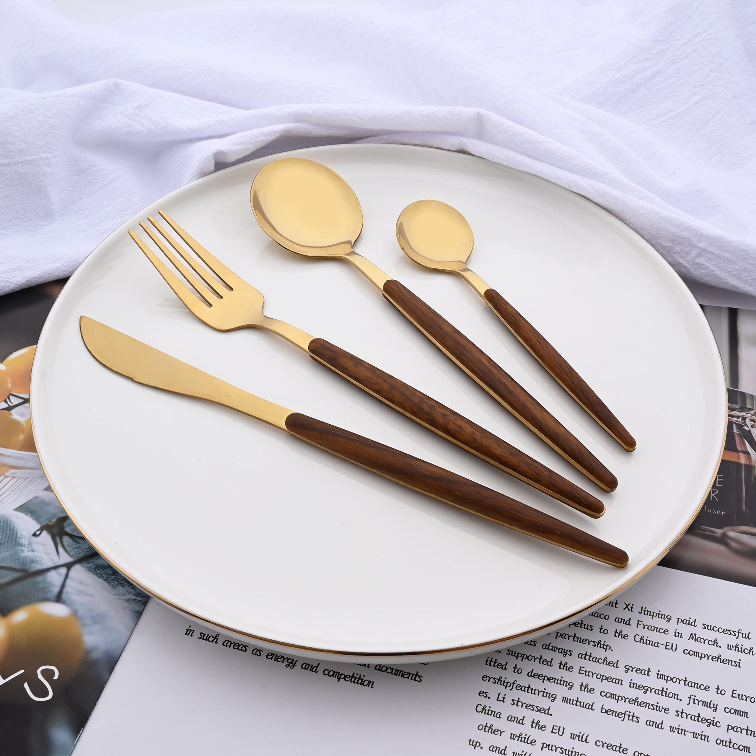Uniturcky 24-Piece Silverware Set for 6, Gold Mirror Polished Stainless Steel Flatware Set, Wooden Effect Handle Utensil Set for Home Hotel Restaurant, Family Cutlery Set Include Knife Fork Spoon