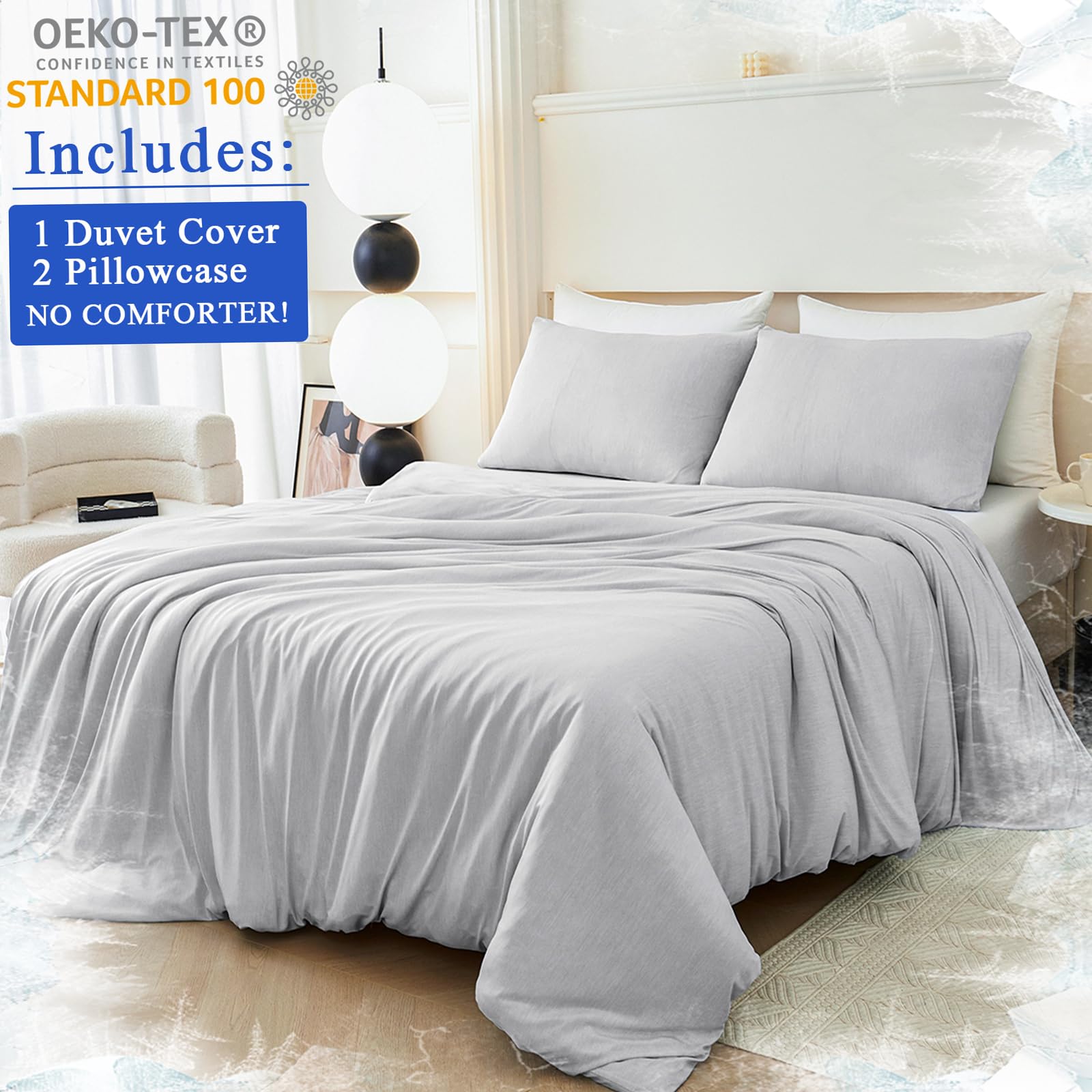 HCORA Cooling Duvet Cover Queen Size - Double Side Arc-Chill Q-Max>0.5 Cooling Fiber Duvet Cover Set 3PCS - Soft, Breathable, Cooling Comforter Cover with Zipper Closure & Corner Ties (Light Grey)
