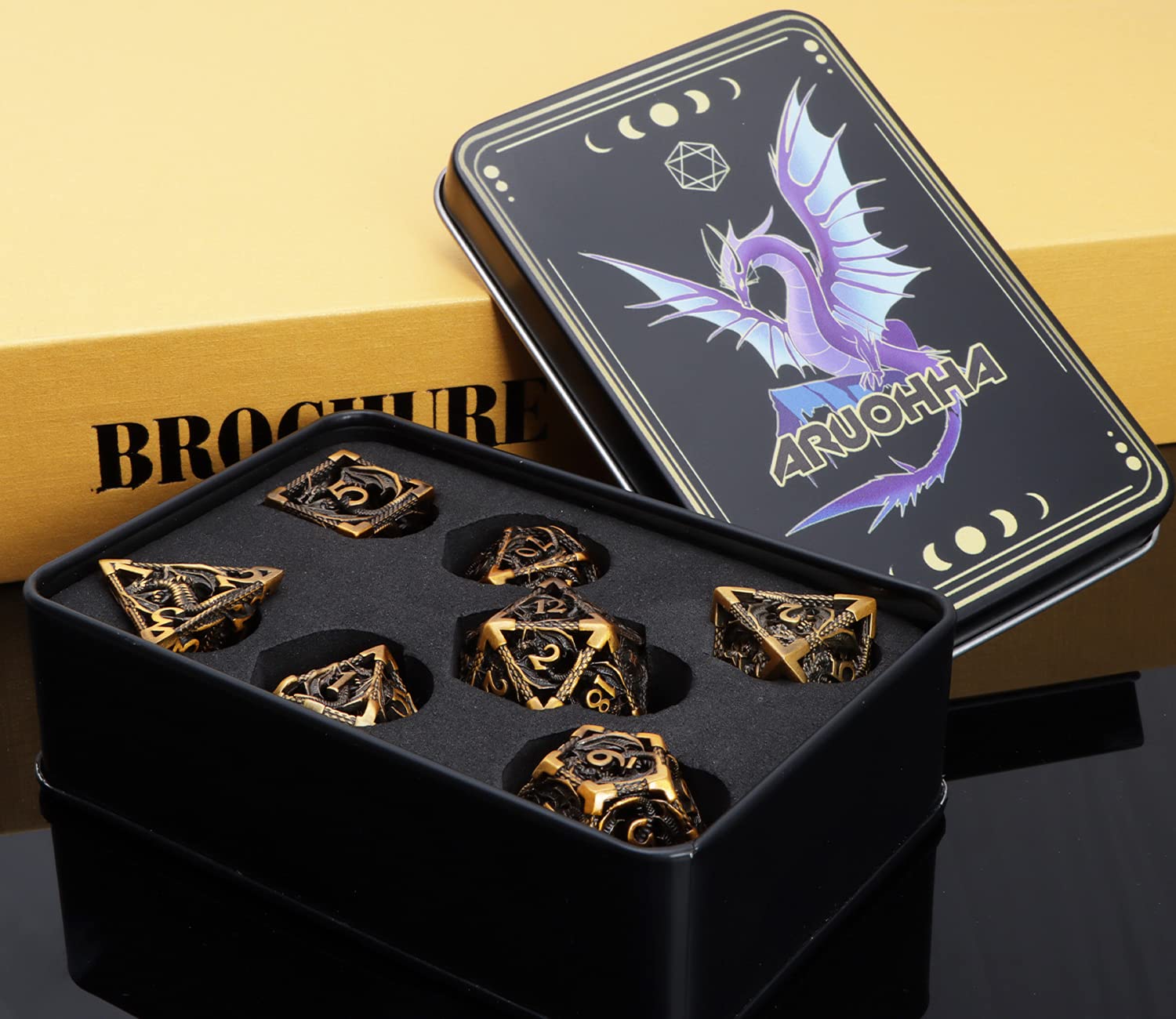 Dungeons and Dragons Dice ARUOHHA DND Metal Dice Set D and D Dice for Pathfinder MTG Board Games Role Playing Dice Hollow Polyhedral Dice D&D Dice with Gift Box D20 D12 D10 D8 D6 D4 (Ancient Bronze)