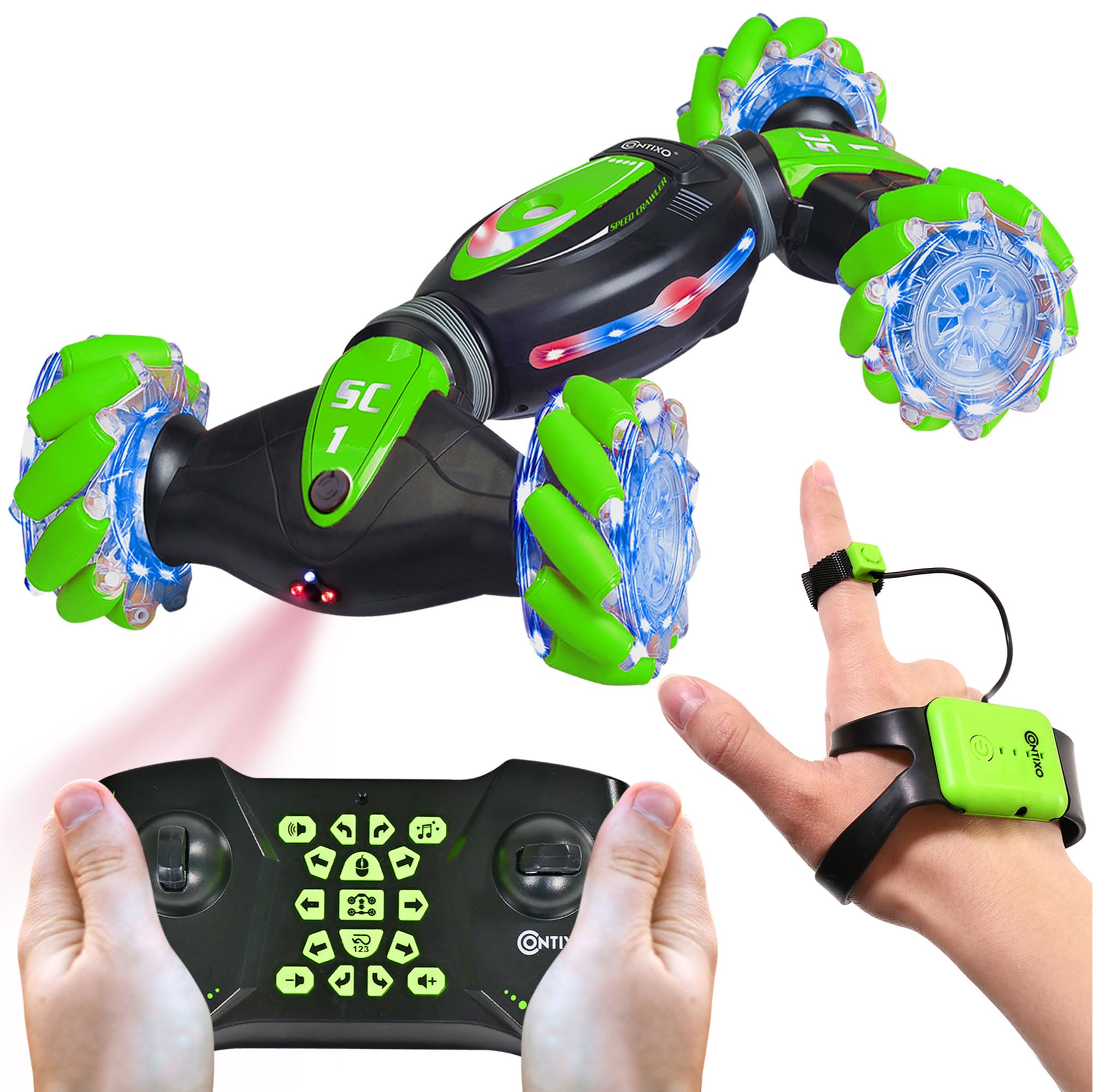 Contixo SC1 All Terrain Speed Crawler RC Stunt Car, 4WD 2.4GHz Remote Control Car, Gesture Sensor Toy Cars, Double Sided Rotating 360° Flip Offroad Vehicle with Lights Music, Kids Toy Cars, Green