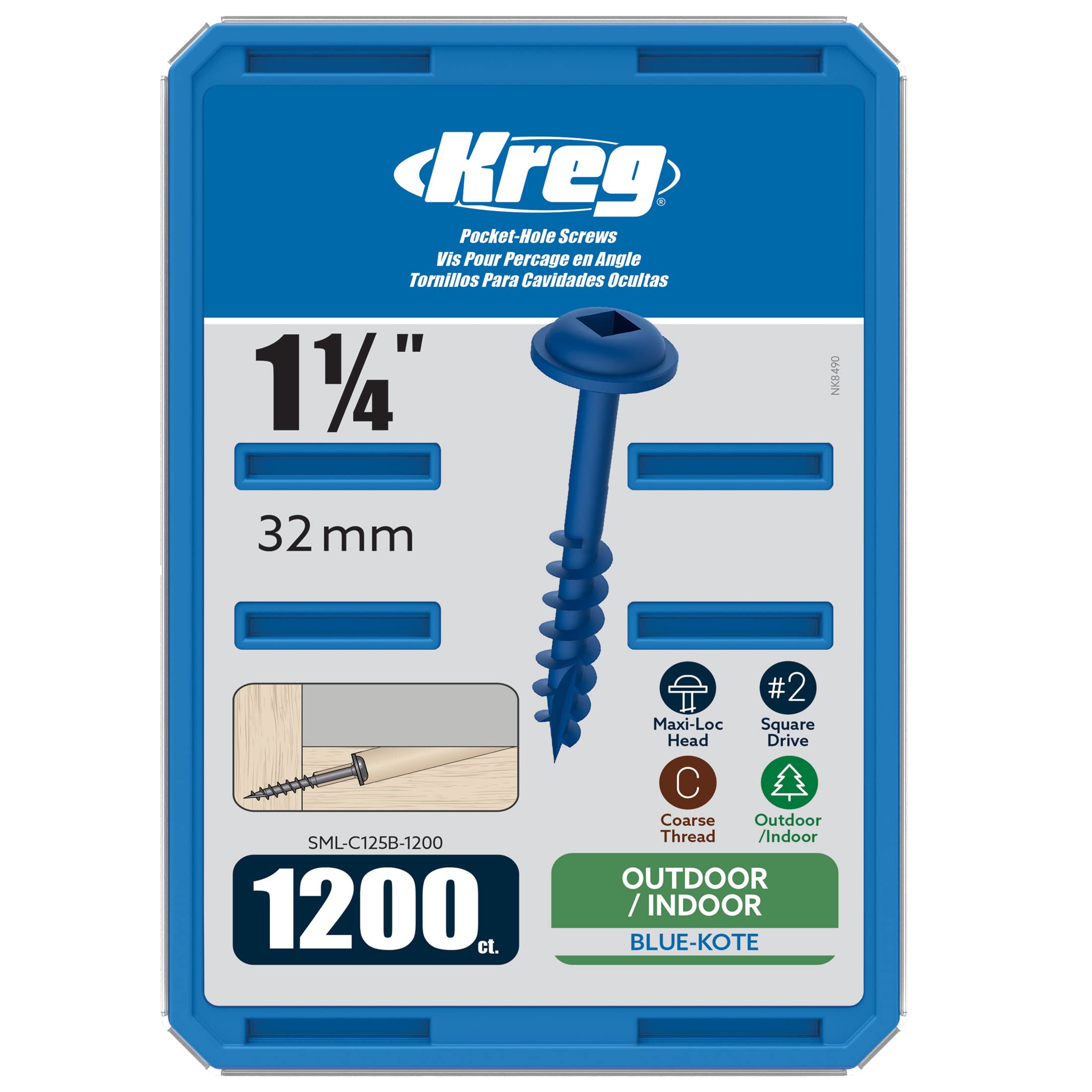 Kreg SML-C125B-1200 Blue Kote Weather Resistant Pocket Screws, 1 1/4-Inch #8 Coarse Thread, Maxi-Loc Head, (1200 Count)