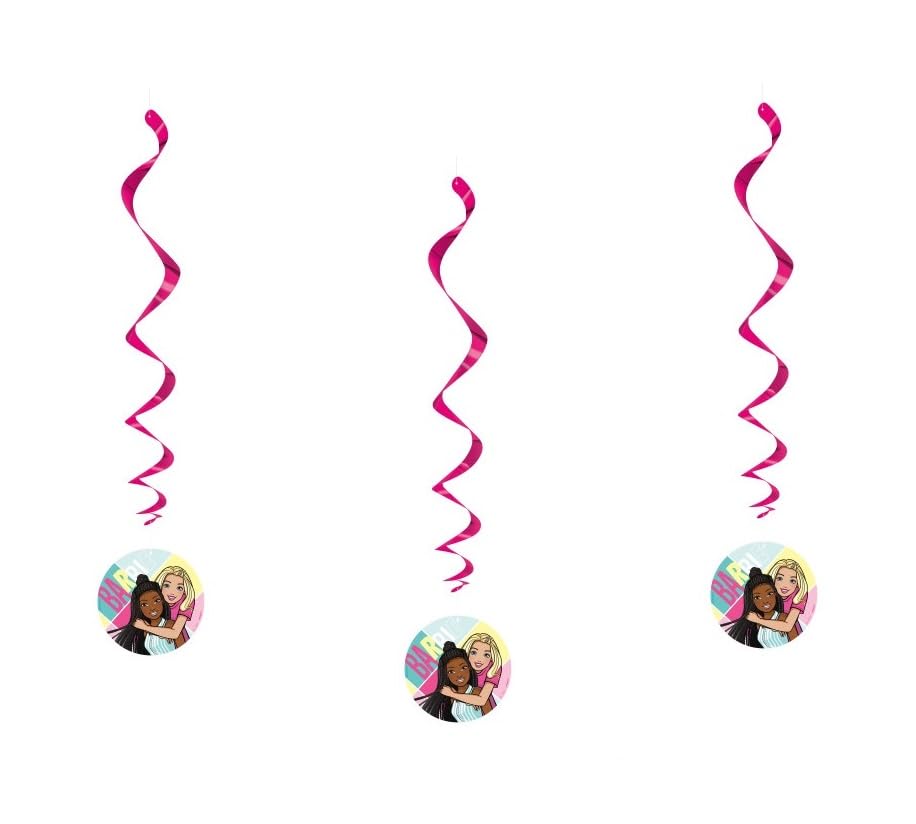 Barbie Birthday Party Supplies Bundle includes 1 Happy Birthday Banner, 3 Hanging Swirl Decorations, 1 Dinosaur Sticker Sheet