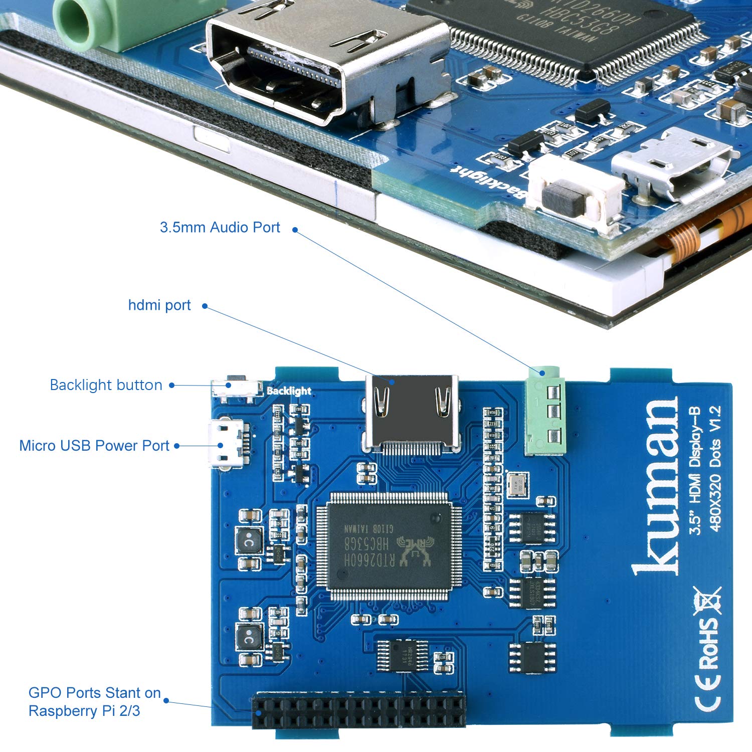 Kuman for Raspberry PI 3 Generation TFT Touch Screen, Kuman 3.5 inch TFT LCD Display Monitor Support All Raspberry PI System, Video Movie Play, Arcade Game, HDMI Audio Input SC6A (3.5 inch HDMI RPI Screen)