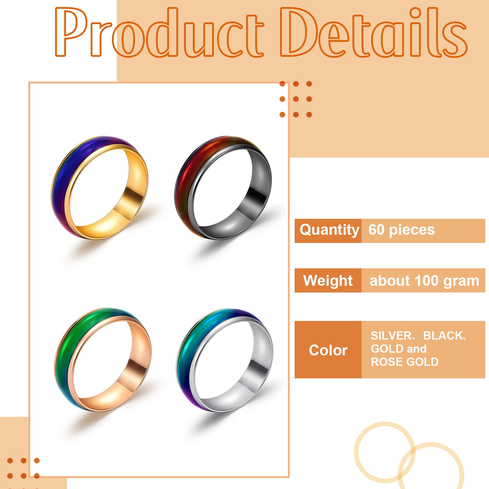 60 Pcs Stainless Steel Mood Ring Emotion Temperature Color Changing Ring for Men Women Wedding Band (0.67 Inch)