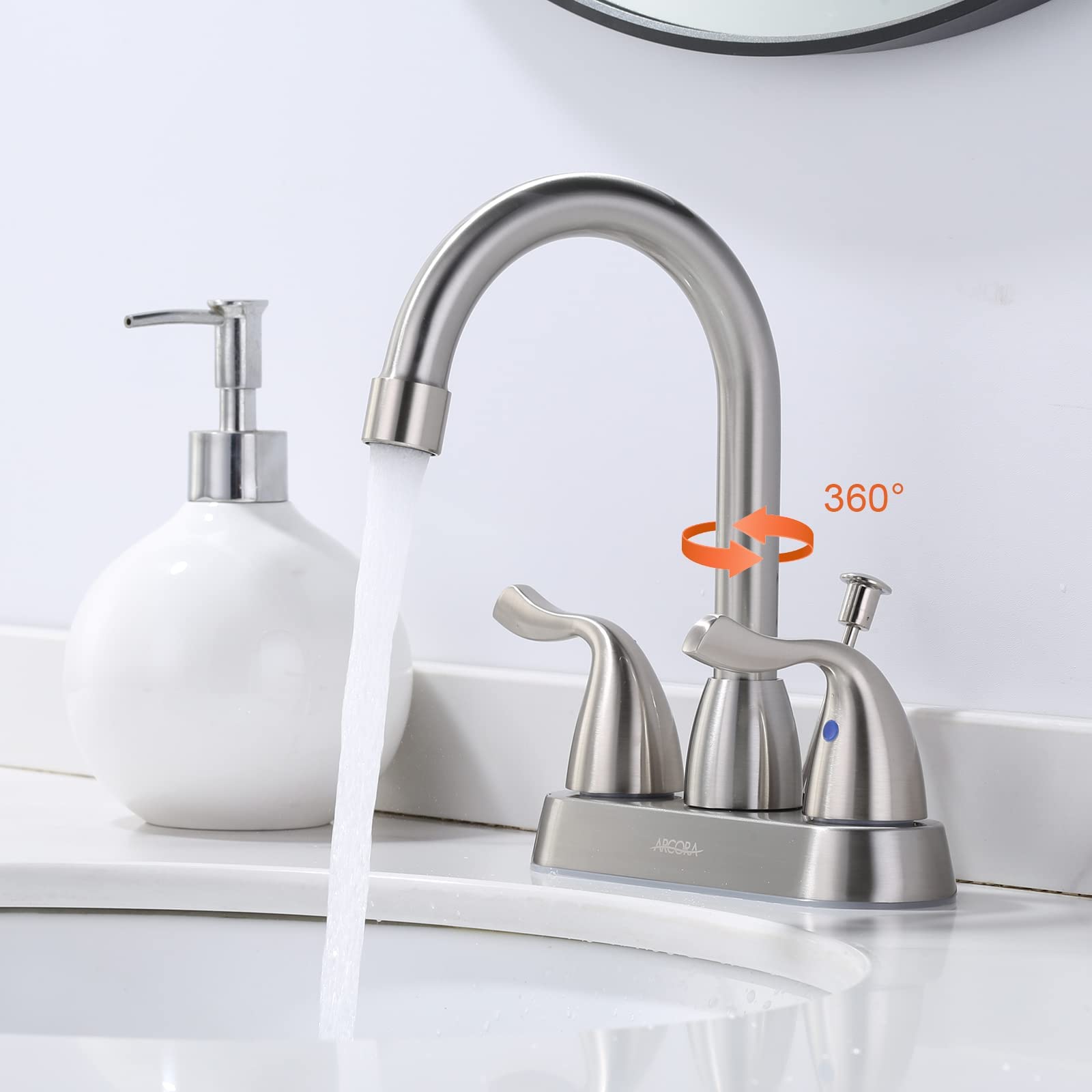 ARCORA 2 Handle Modern Bathroom Faucet Brushed Nickel, 4 Inch Centerset Bathroom Faucet with Drain Assembly and Supply Hoses, 3 Holes Faucet for Bathroom Sink