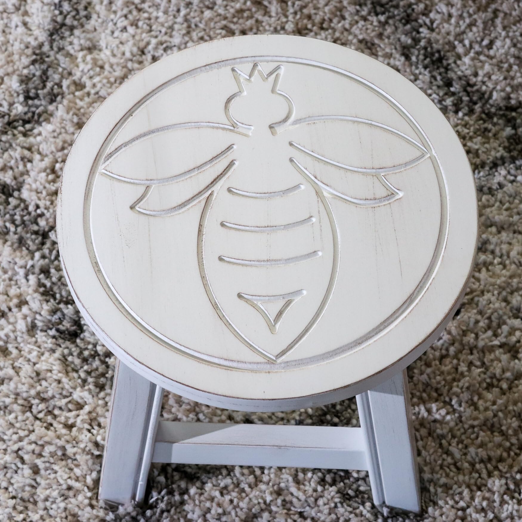 Carved Wooden Step Stool with Queen Bee Pattern,Round 11"W Versatile Wood Short Stool with Footrest,Indoor Foot Stool for Kitchen Living Room Bedroom Bathroom, No Assembly Needed,Antique White